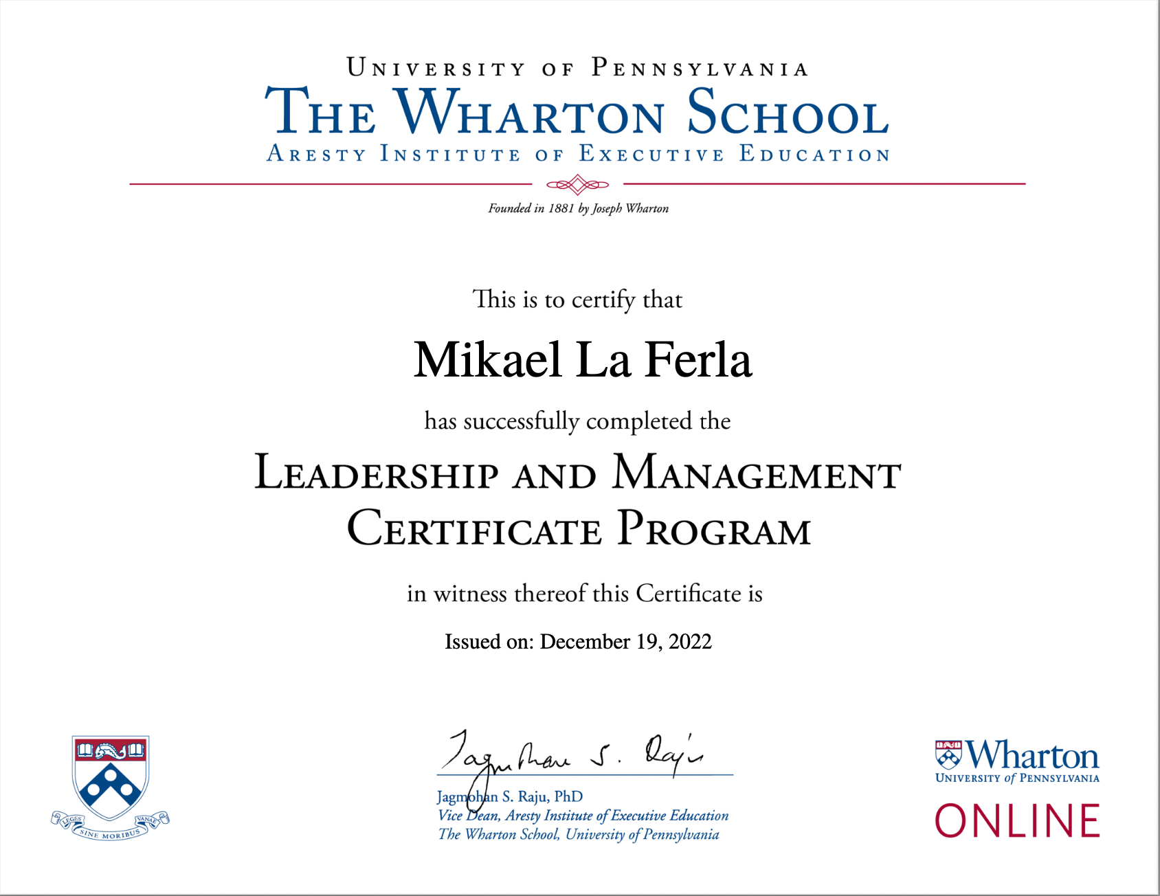 Leadership and Management Certificate from The Wharton School – Mikael ...